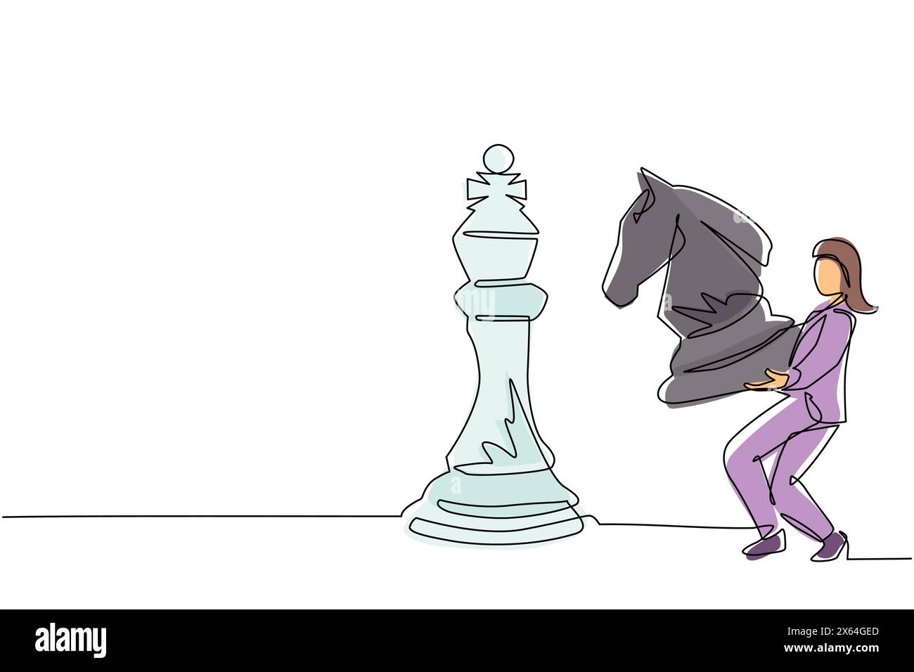 Single continuous line drawing businesswoman holding knight chess piece ...