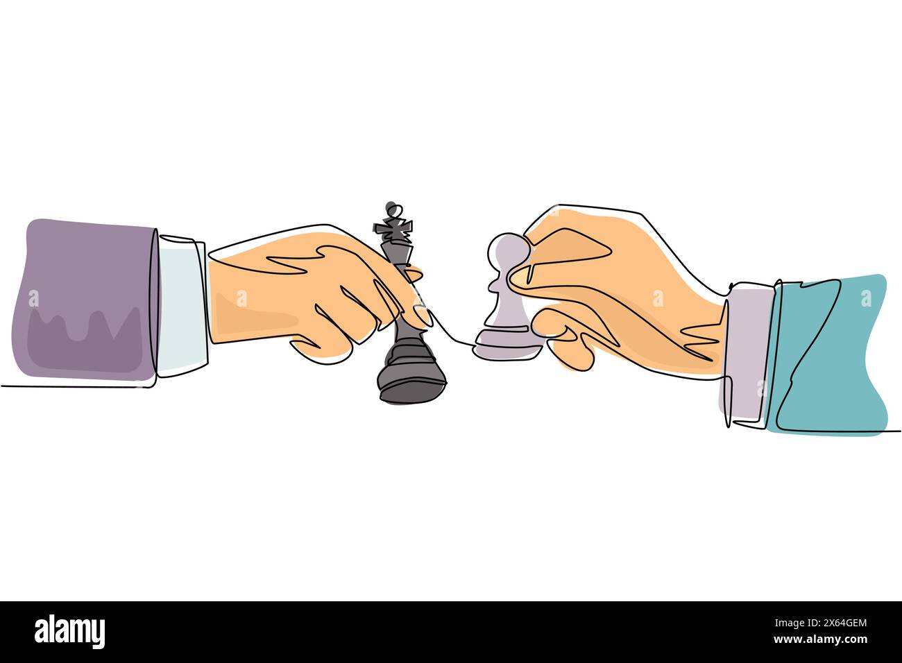 Single continuous line drawing two man's hands with king and pawn chess ...