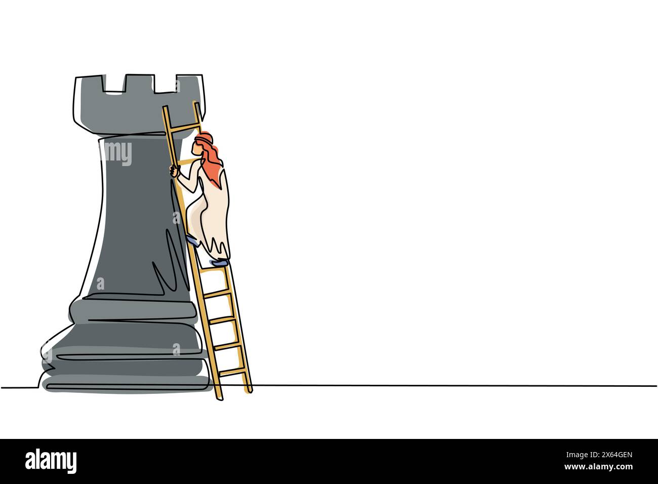 Single one line drawing Arabic businessman climb huge rook chess piece ...