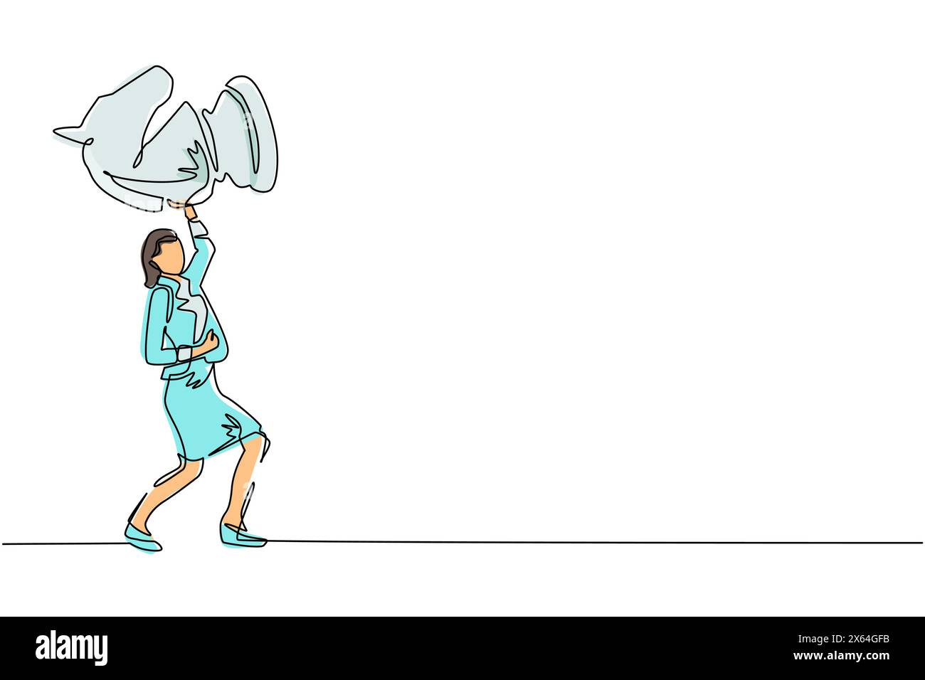 Continuous one line drawing cute businesswoman holding, lifting knight ...