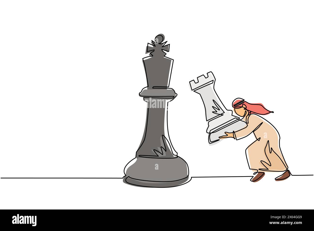 Single continuous line drawing Arab businessman holding rook chess ...