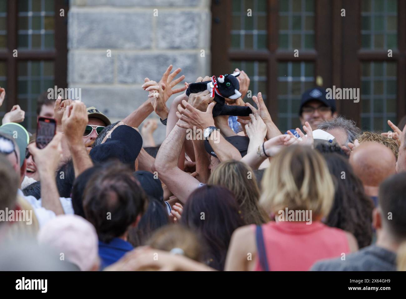 Peoples trying to catch teddy-cat-toys thrown from a tower during the ...