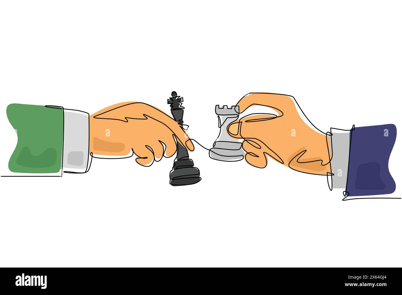 Continuous one line drawing two man's hands with king and rook chess ...
