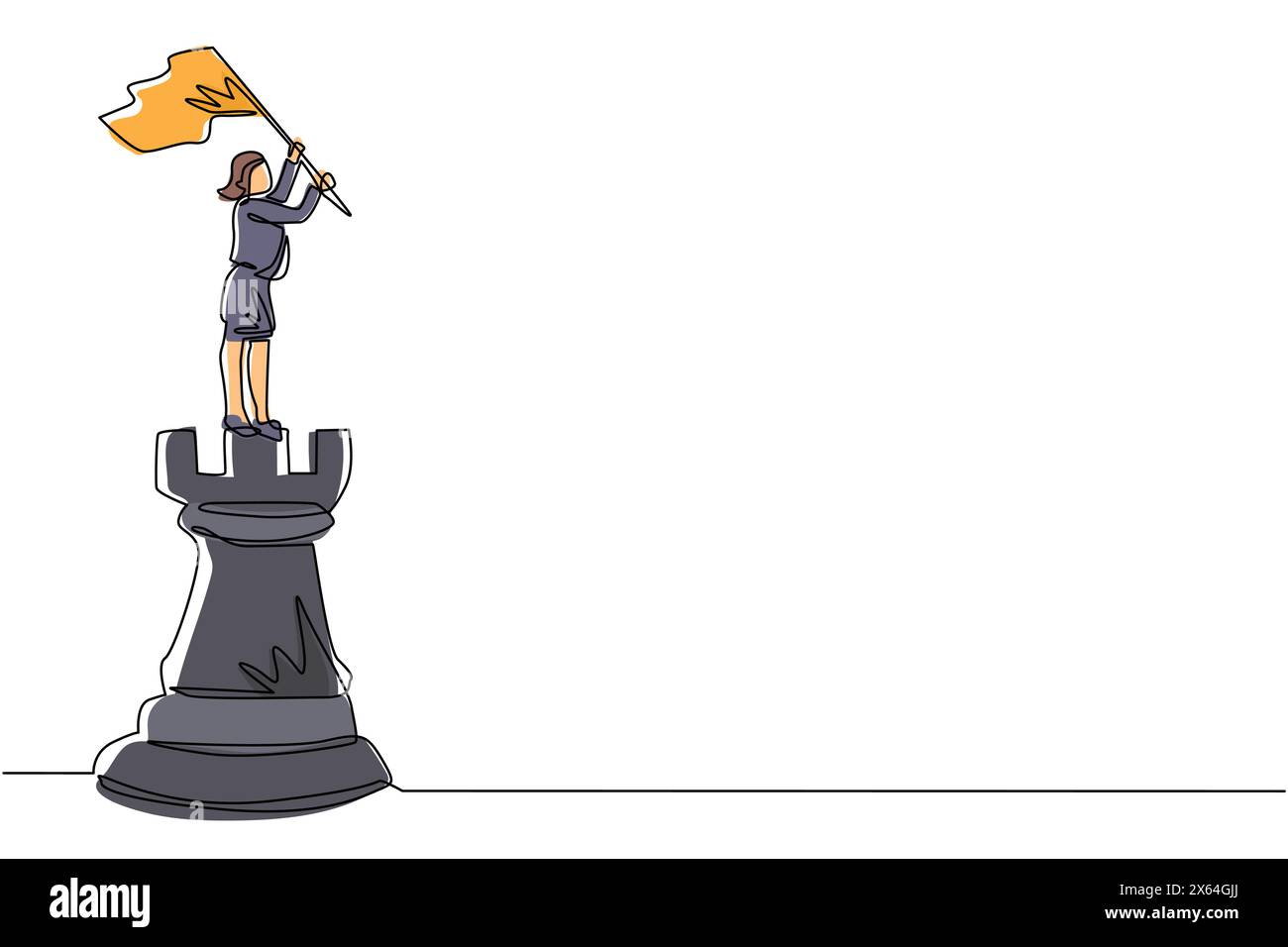 Single one line drawing businesswoman standing on top of big rook chess ...