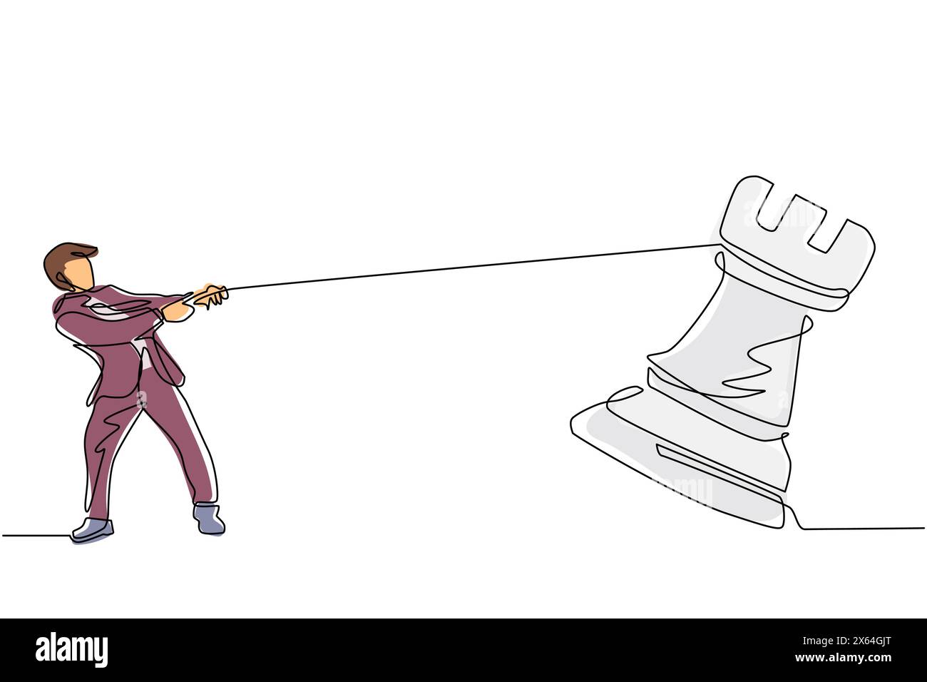 Continuous one line drawing young businessman pulling big rook chess ...