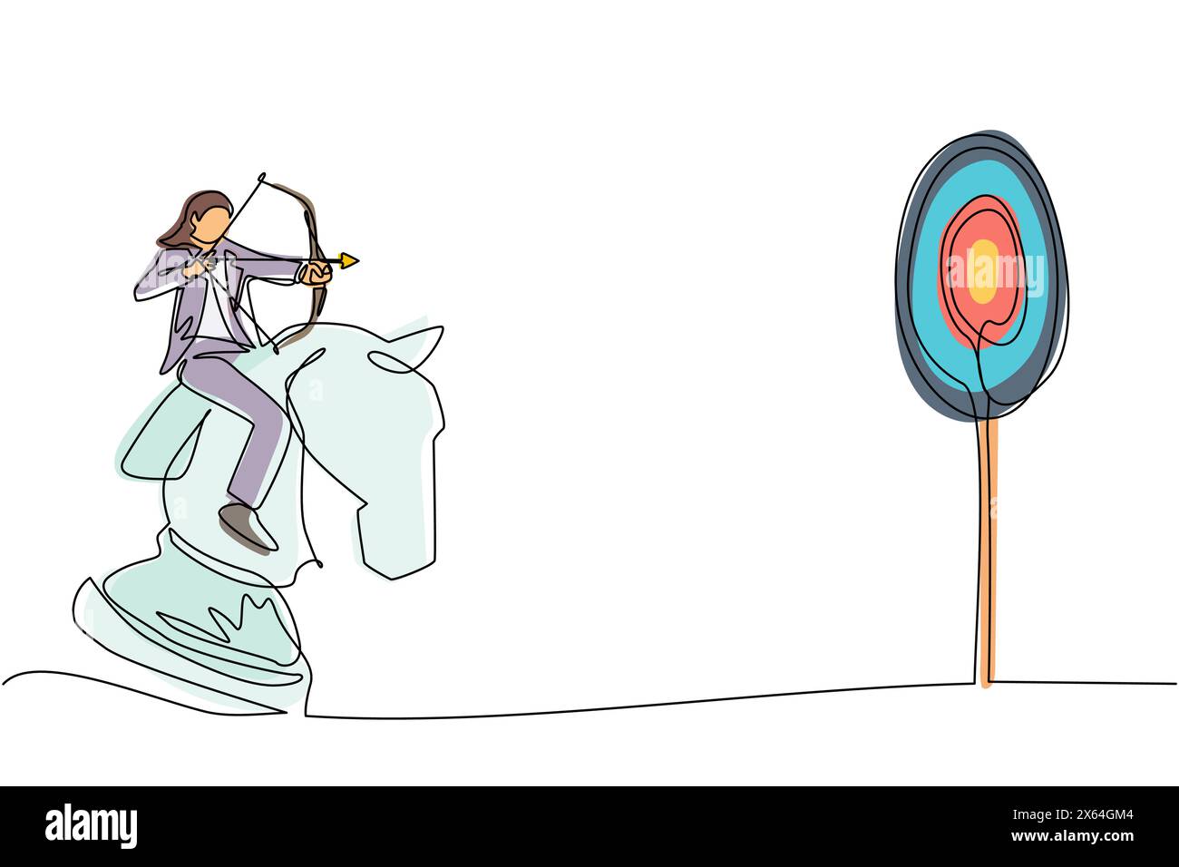 Continuous one line drawing young businesswoman holding archery aiming ...