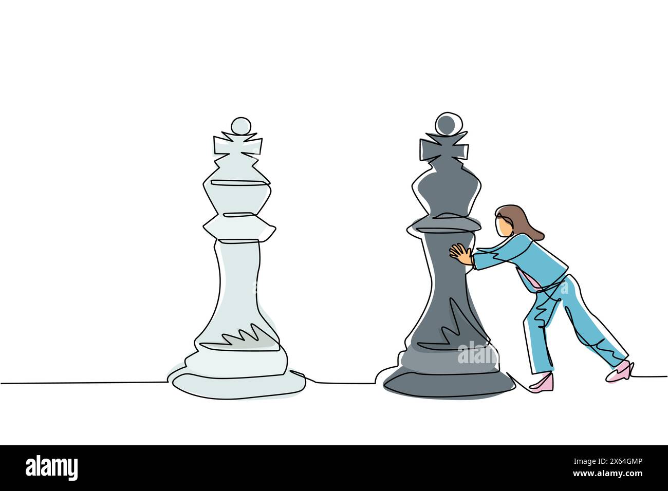 Continuous one line drawing cute businesswoman push huge king chess ...