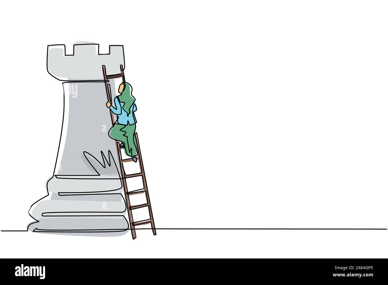 Single one line drawing Arab businesswoman climb huge rook chess piece ...