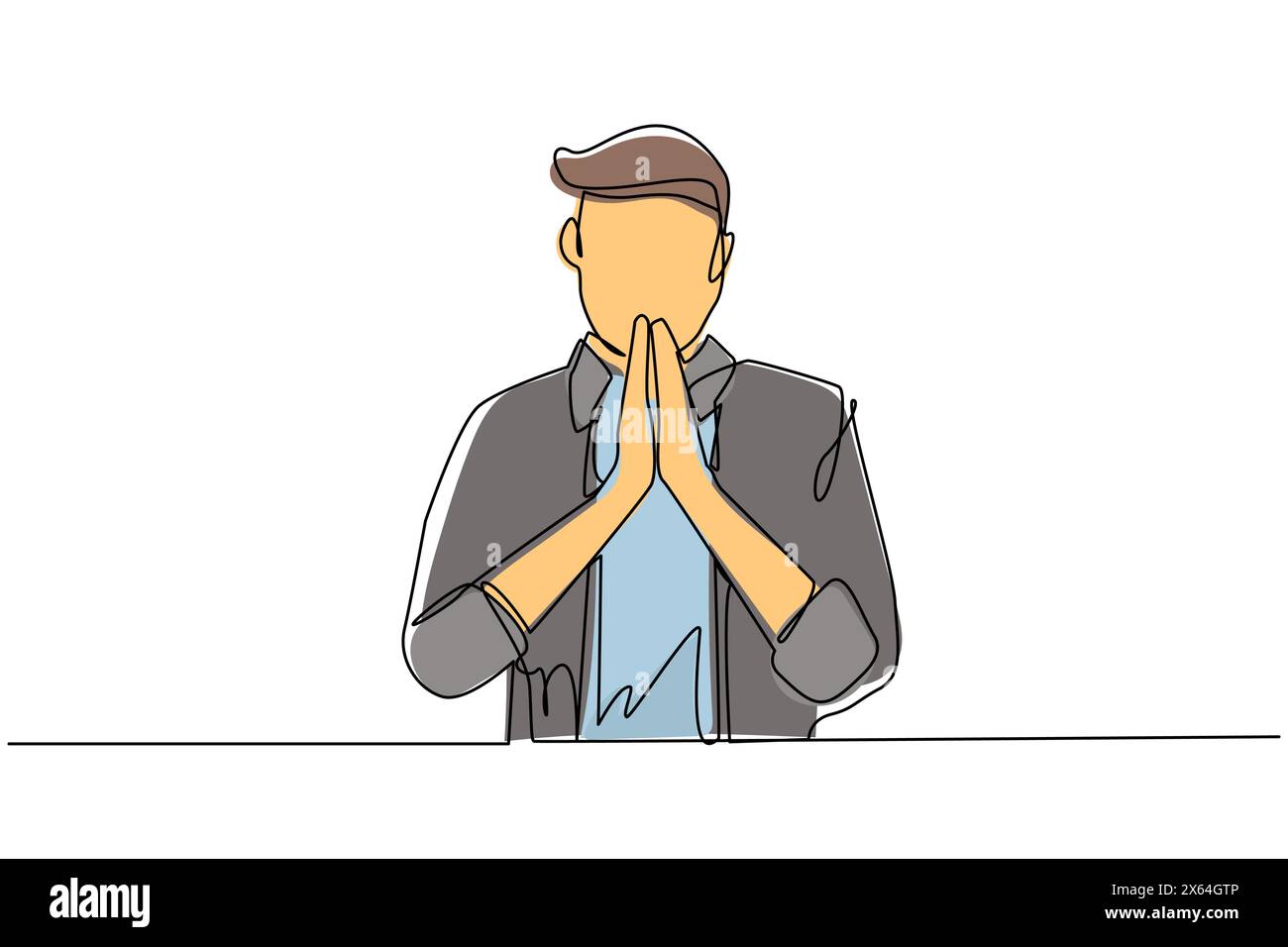 Single one line drawing young man in closed eyes praying hands together ...