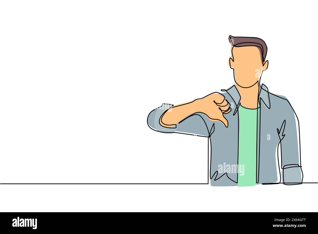 Single continuous line drawing unhappy young man showing thumbs down ...