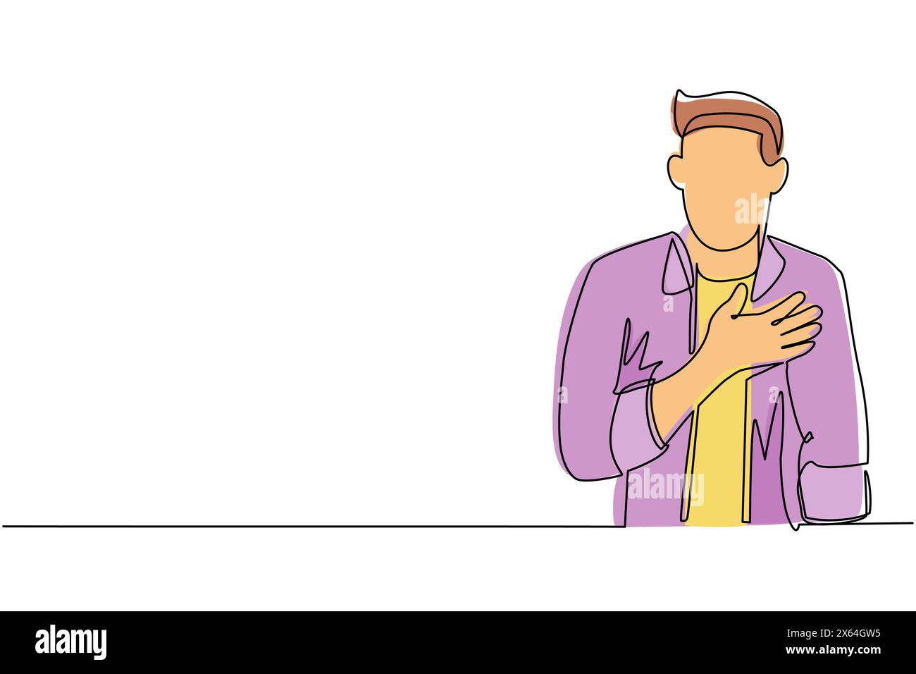 Single one line drawing young man keeping hands on chest. Smiling ...