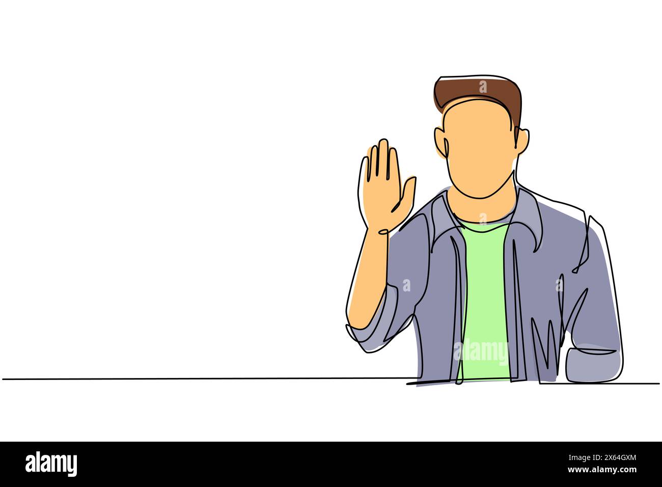 Single continuous line drawing young businessman showing palm as stop ...