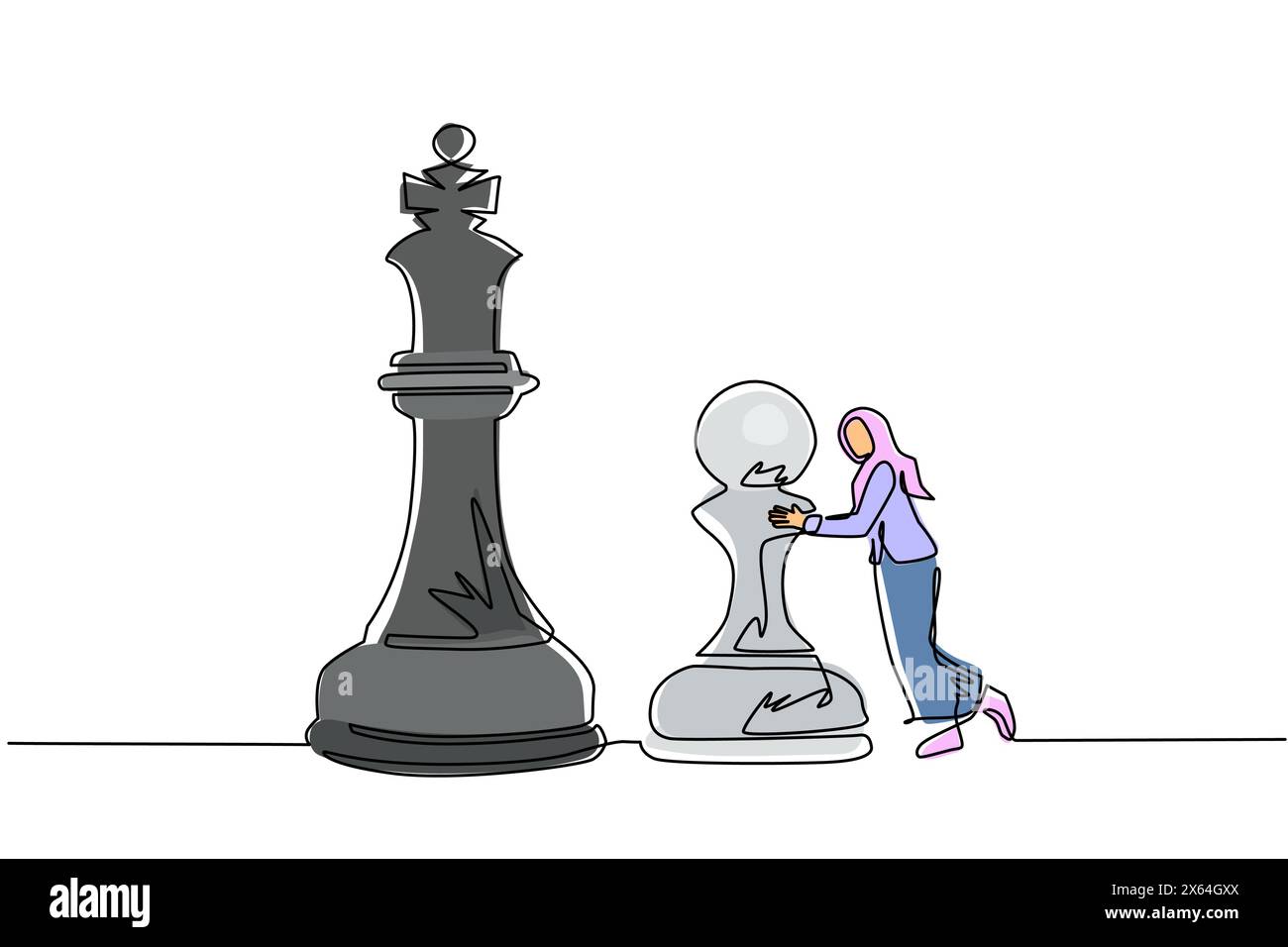Single continuous line drawing Arab businesswoman push huge pawn chess ...
