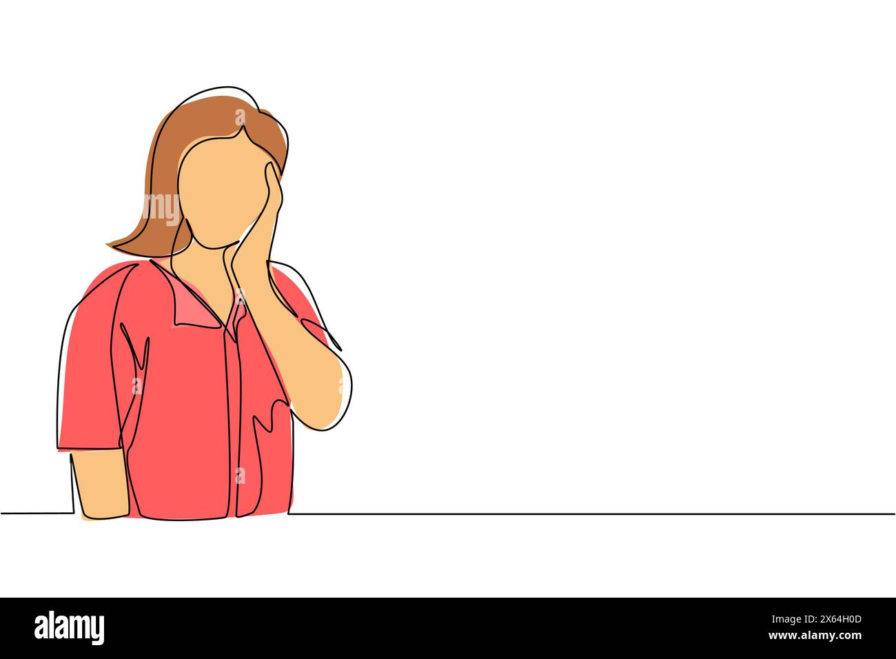 Continuous one line drawing young woman holding hand on cheek with ...