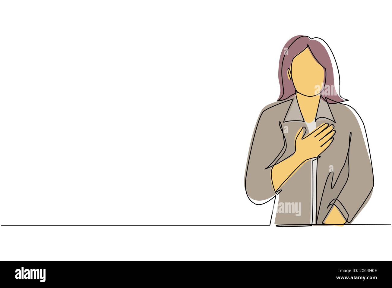 Single one line drawing young woman keeping hands on chest. Smiling ...