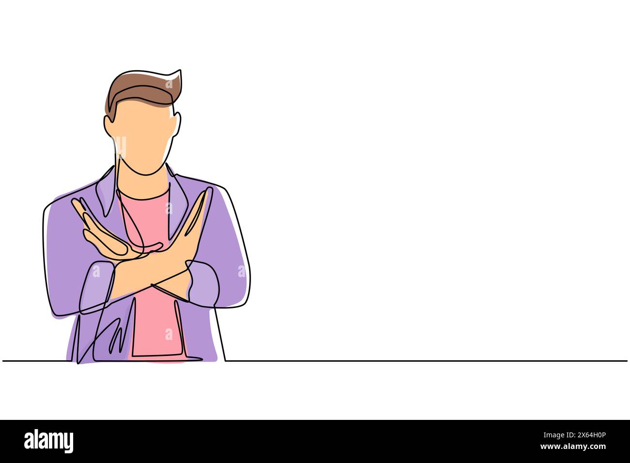 Continuous one line drawing young man crossing arms and saying no ...