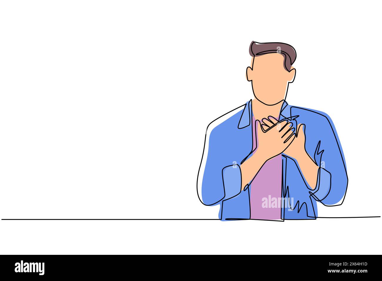 Single one line drawing young man keeping hands on chest. Male ...