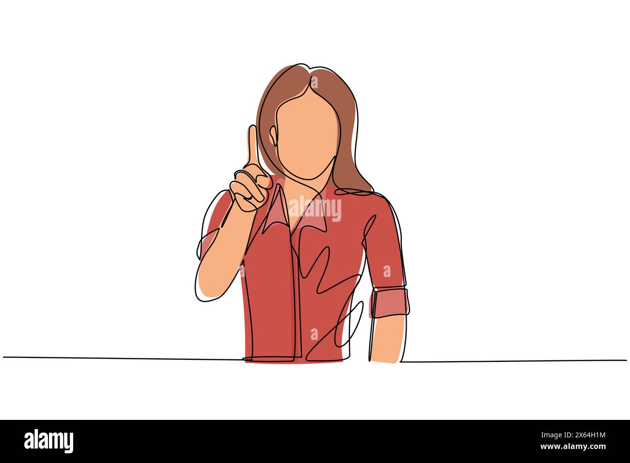 Single continuous line drawing young female pointing up finger while ...