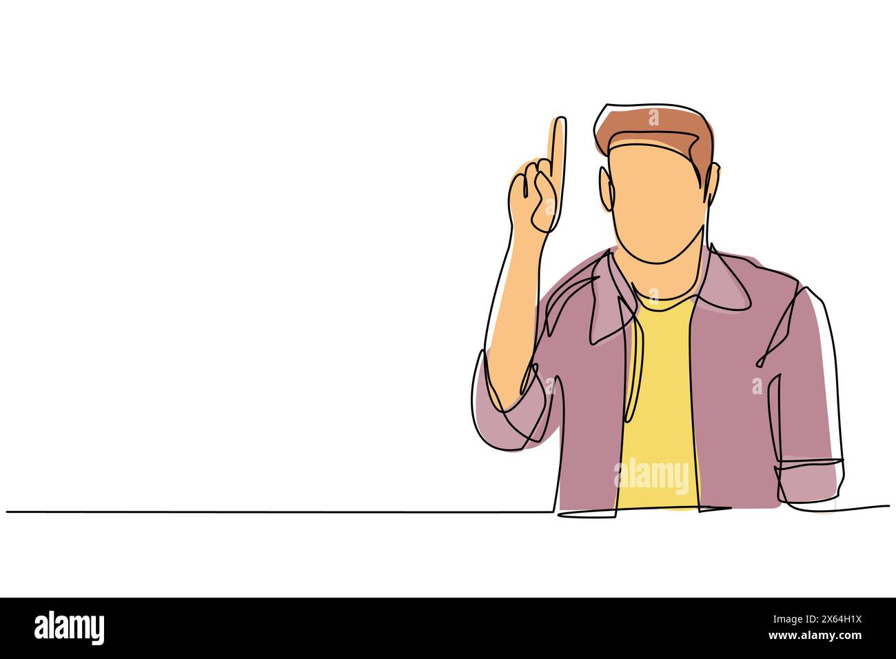 Single one line drawing young male pointing up finger while standing ...