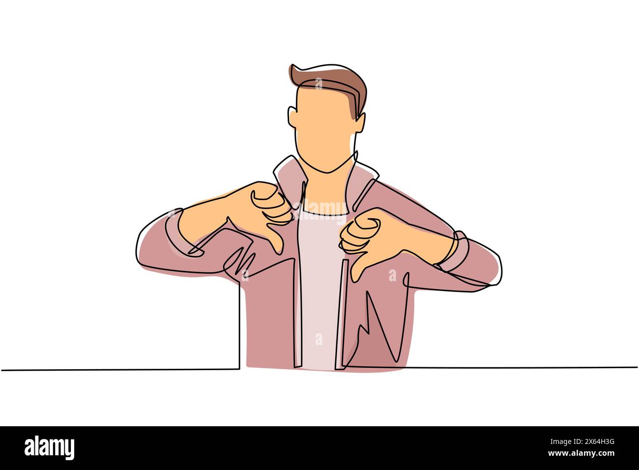 Single continuous line drawing unhappy young man showing thumbs down ...