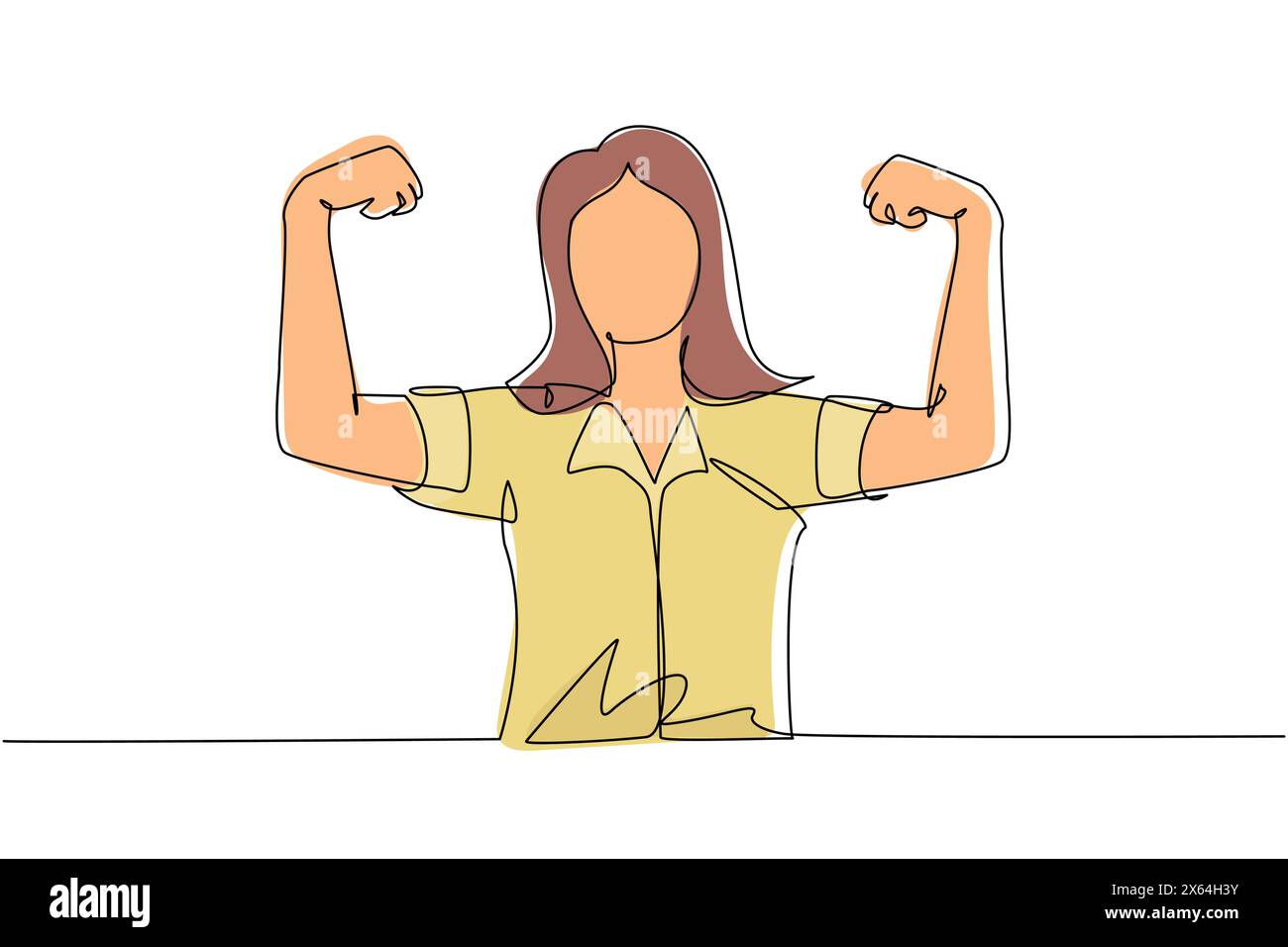 Continuous one line drawing happy female employee of company stands in ...