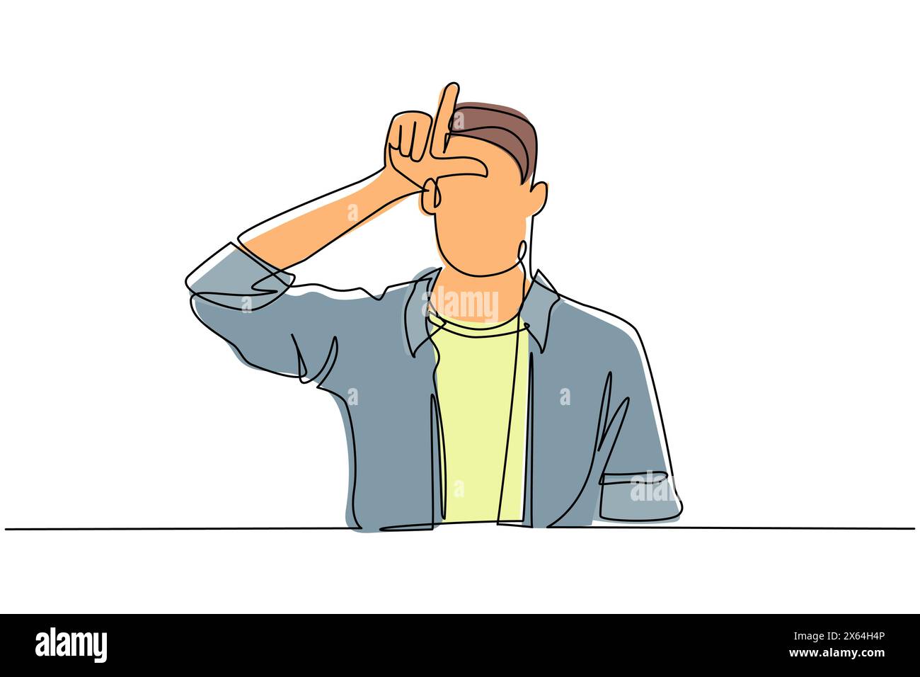 Single continuous line drawing unhappy man showing loser sign on ...