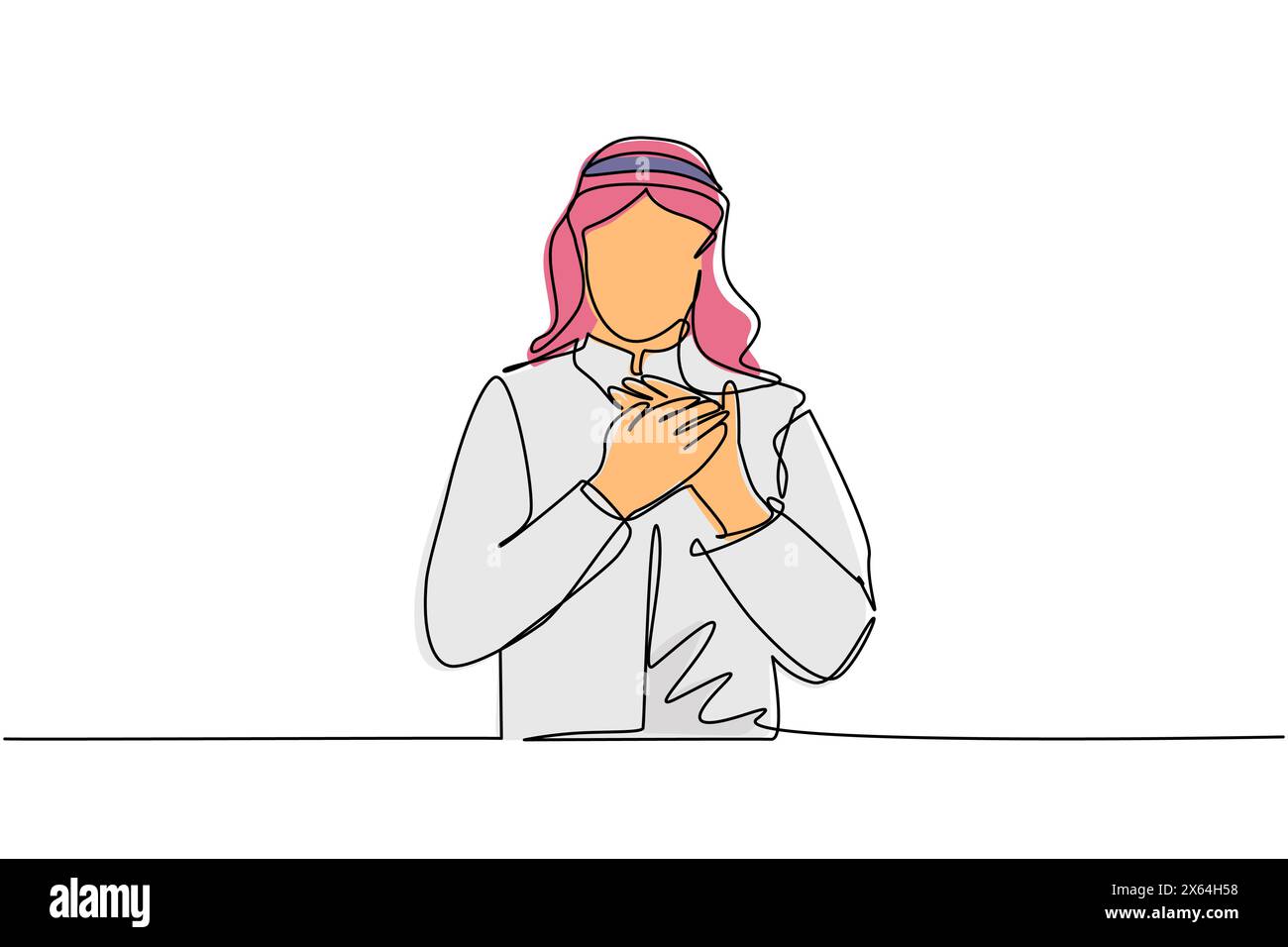 Continuous one line drawing young Arab man keeping hands on chest. Male ...