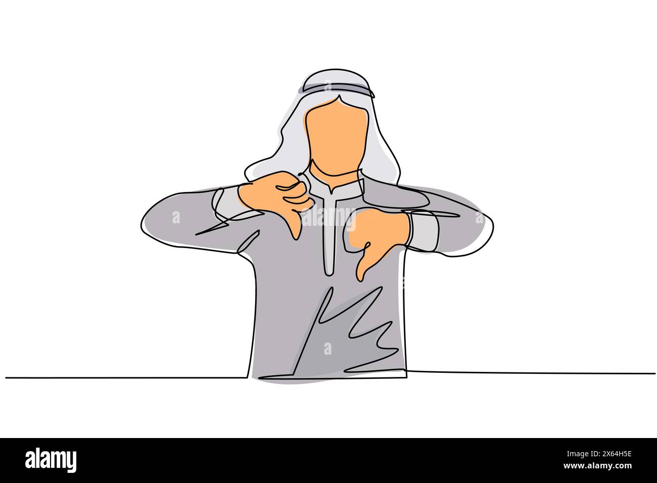 Single continuous line drawing unhappy young Arabian man showing thumbs ...