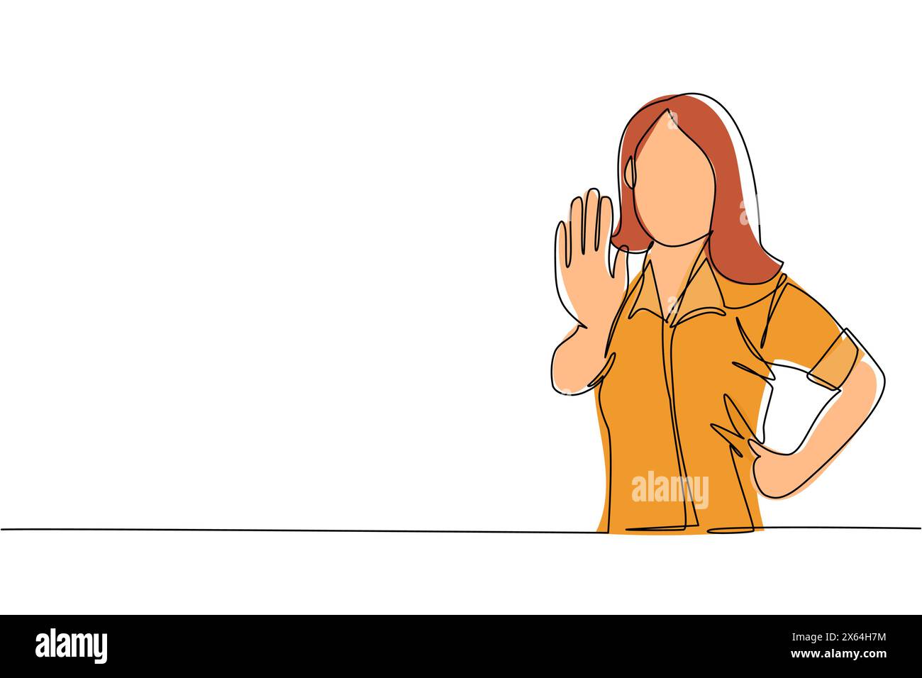 Single continuous line drawing young business woman showing palm as ...