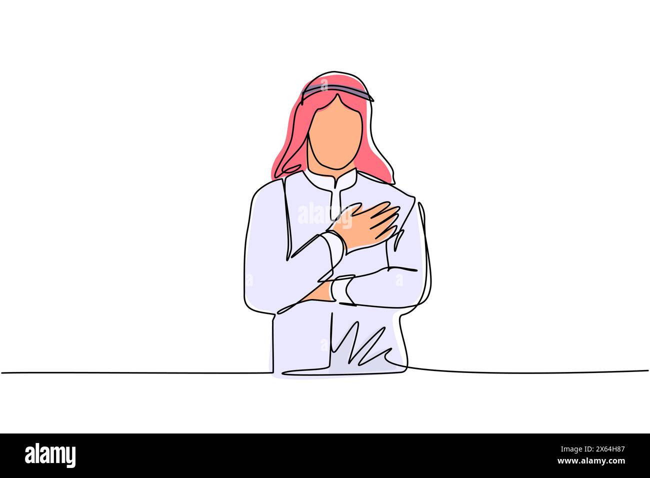 Single one line drawing young Arabian man keeping hands on chest ...