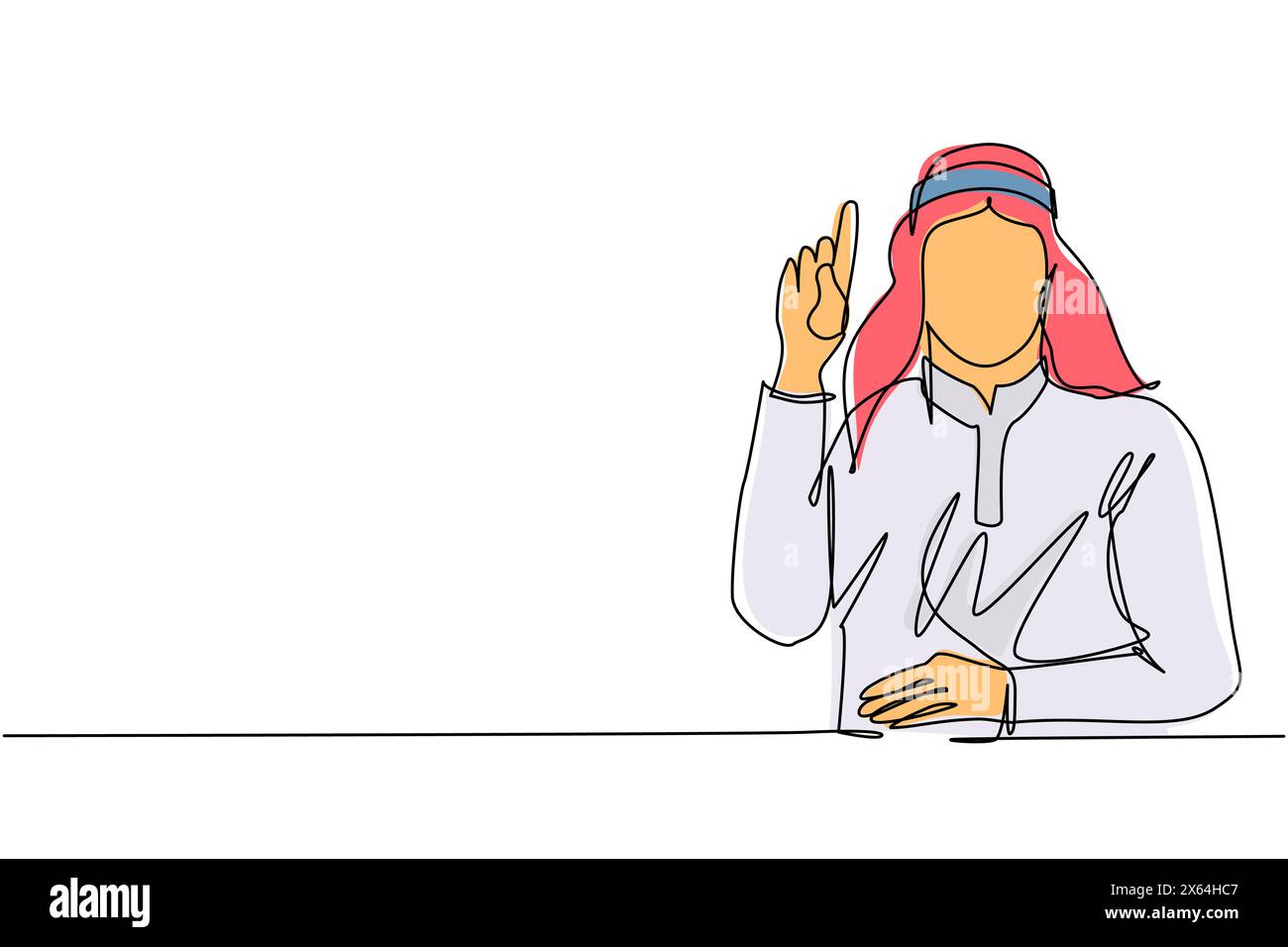 Single continuous line drawing young Arab male pointing up finger while ...