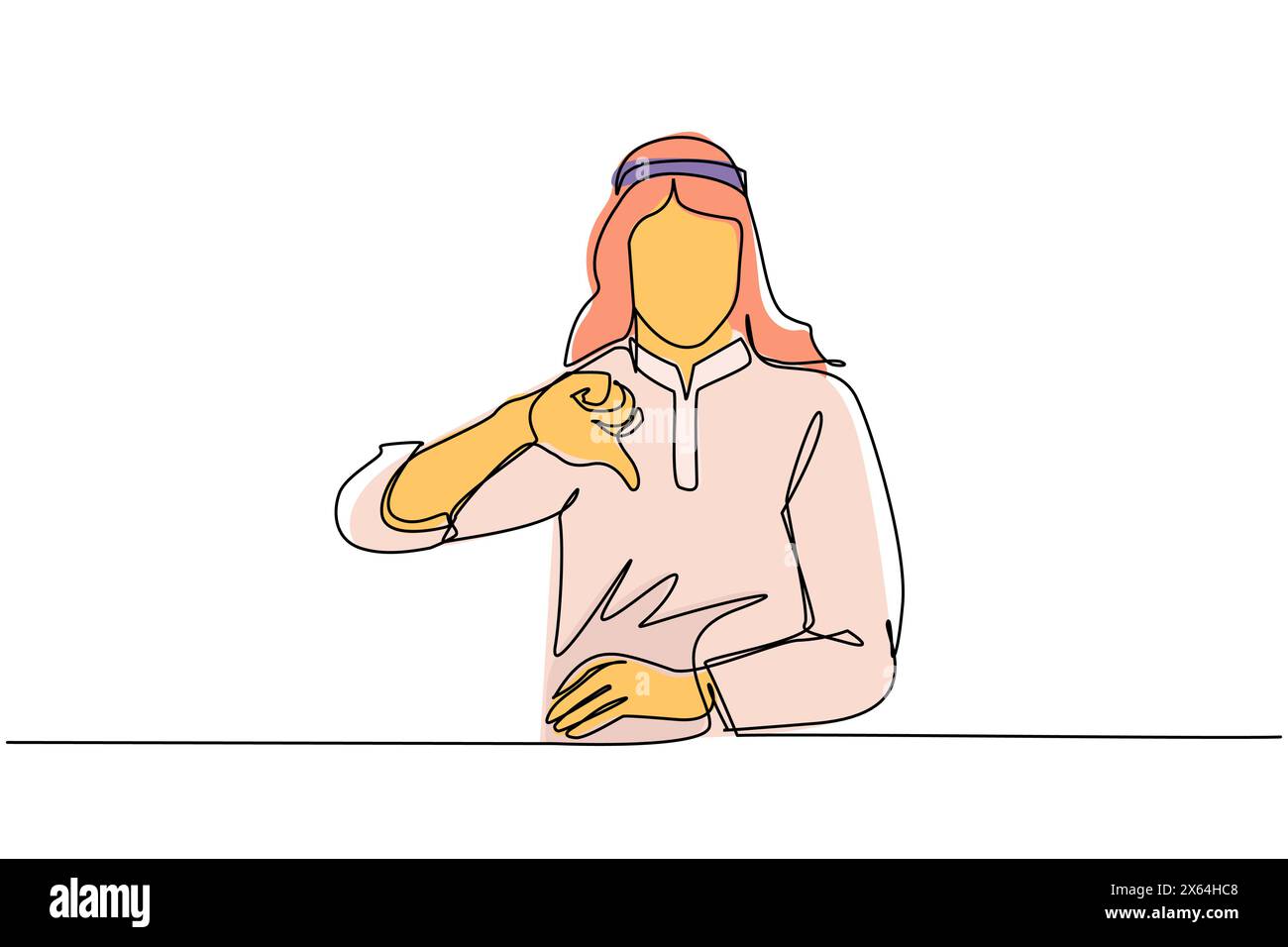 Single continuous line drawing unhappy young Arabian man showing thumbs ...