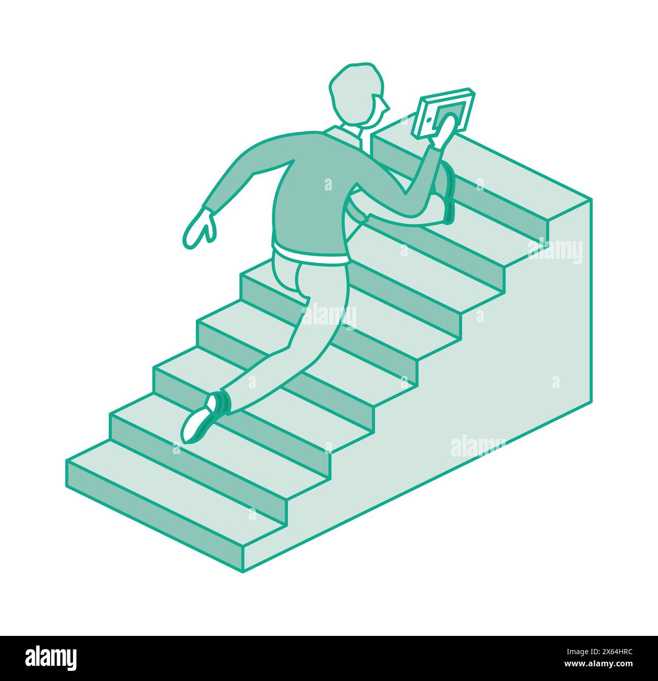 Man run up set of stairs. He is holding book in hand. Isometric concept ... Man run up set of stairs. He is holding book in hand. Isometric concept ...
