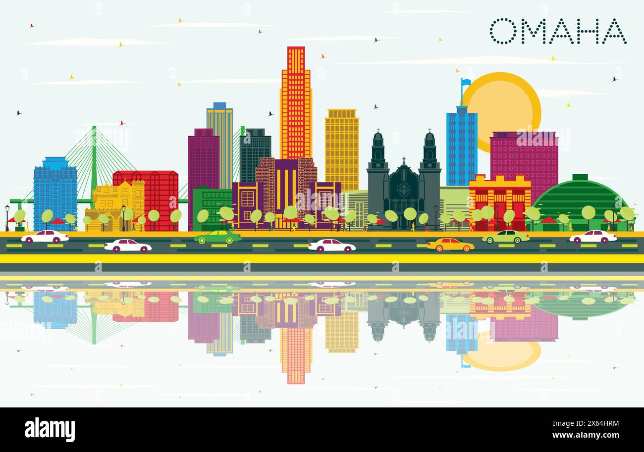 Omaha Nebraska City Skyline with Color Buildings, Blue Sky and ...