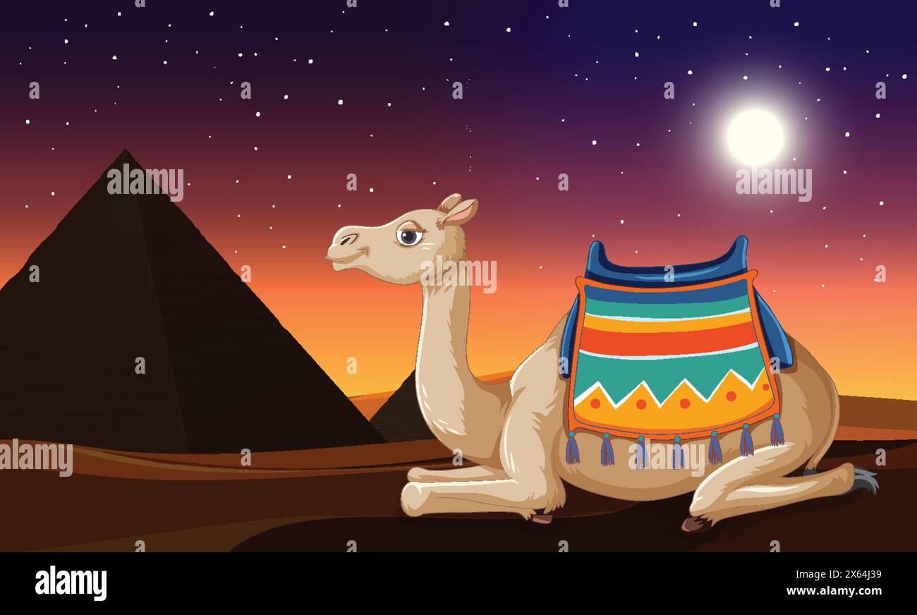Illustration of a camel resting by a pyramid at night Stock Vector ...