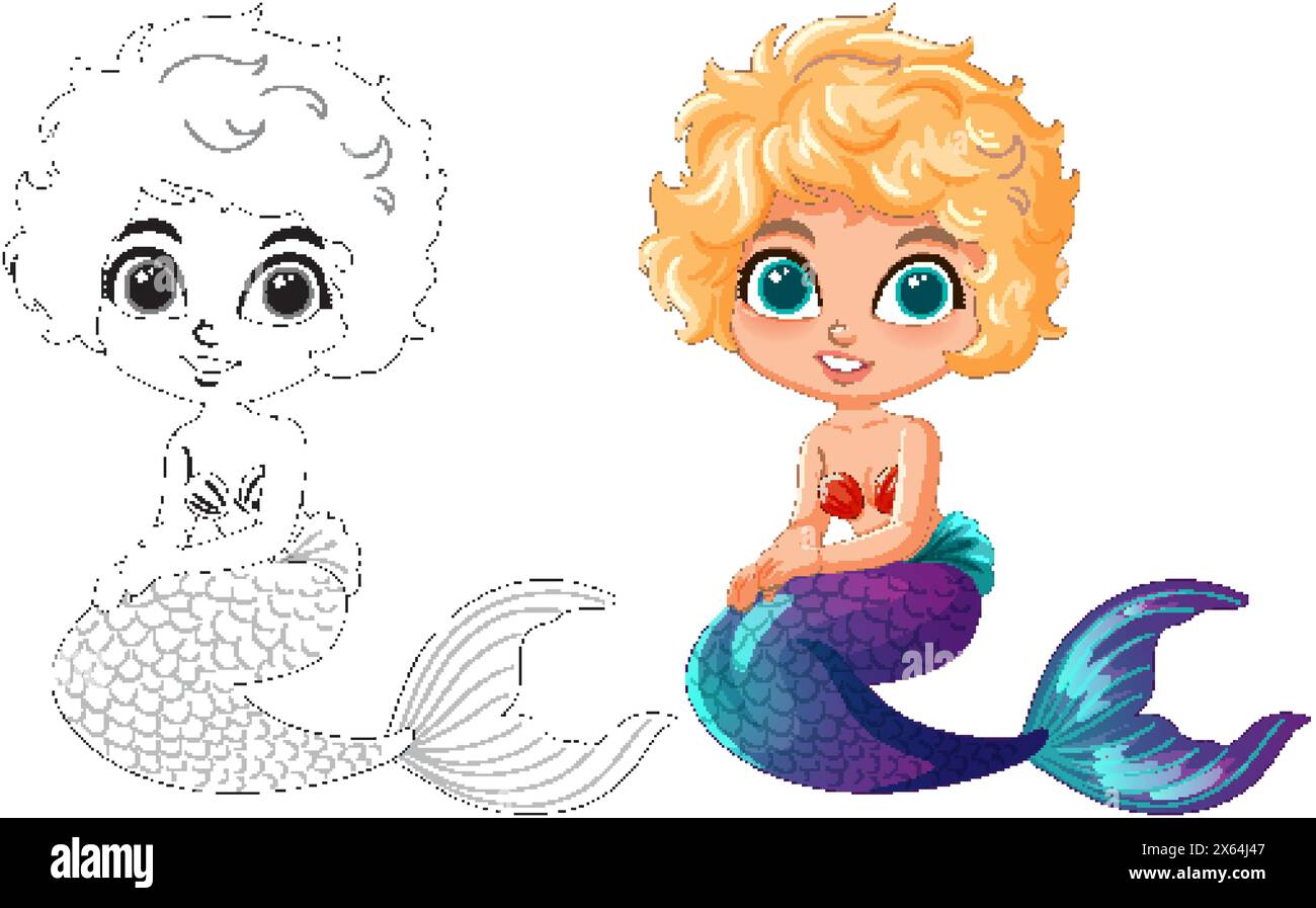 Vector illustration of two mermaid children, colorful and sketch Stock ...