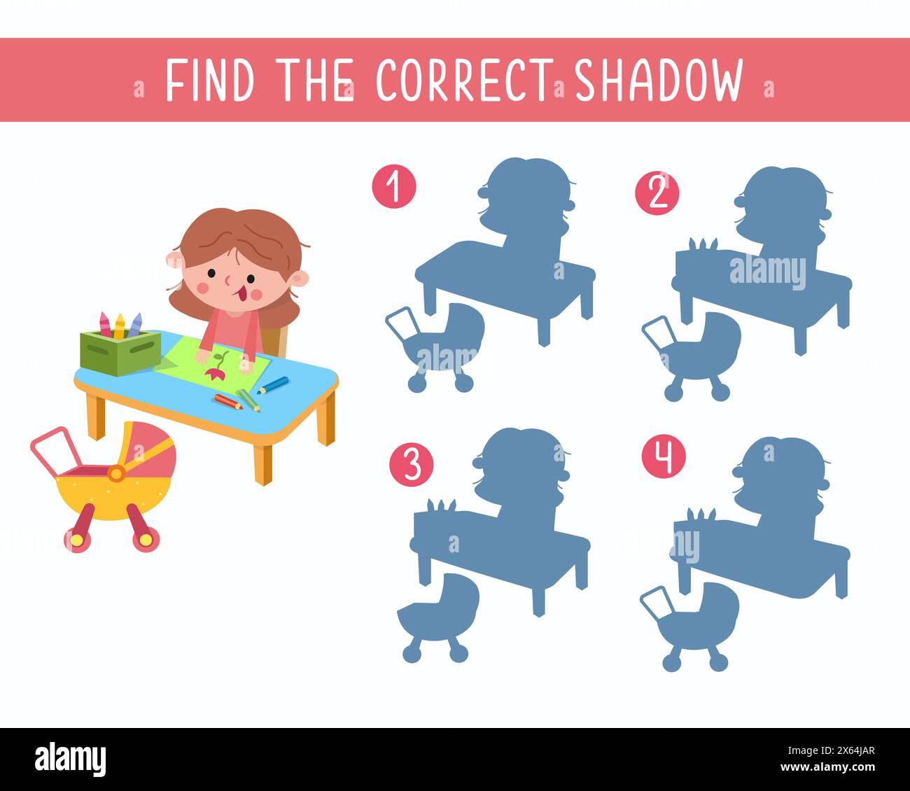 Game for kids. Find correct shadow. Cute little girl with drawing ...