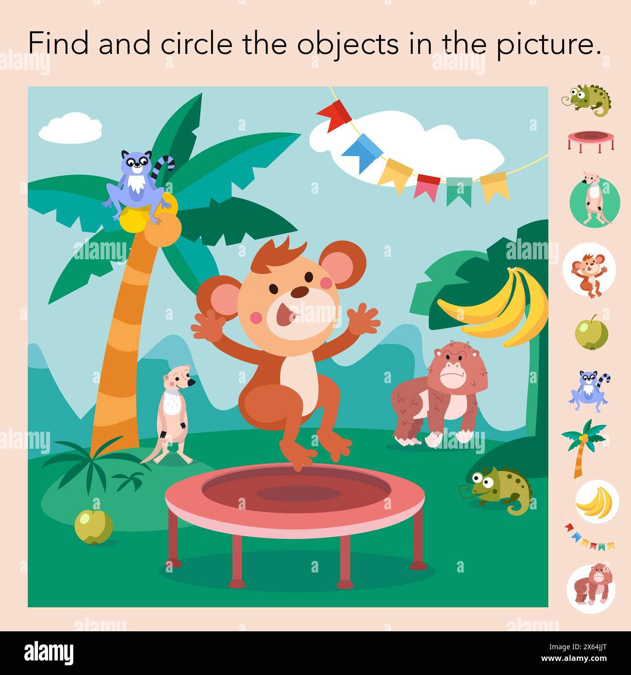 Puzzle game for kids. Find object. Cartoon illustration. Cute monkey in ...