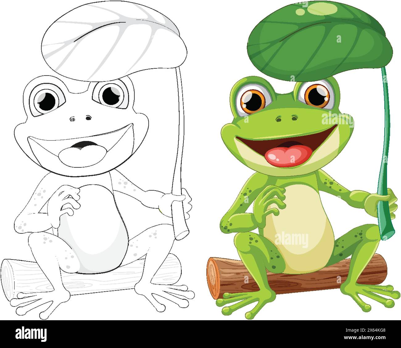 Colorful and line art frog illustrations with umbrella Stock Vector ...