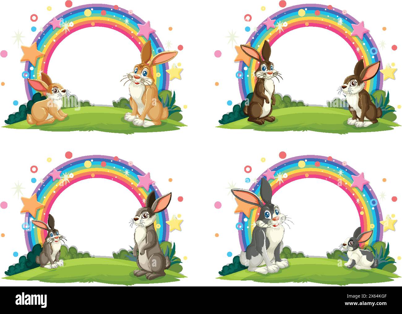 Four scenes of rabbits playing under a colorful rainbow Stock Vector ...