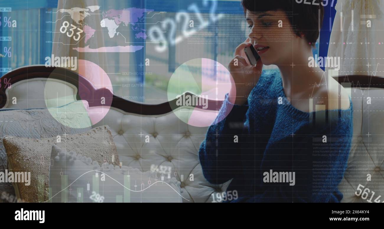 Image of changing numbers, infographic interface, caucasian woman ...