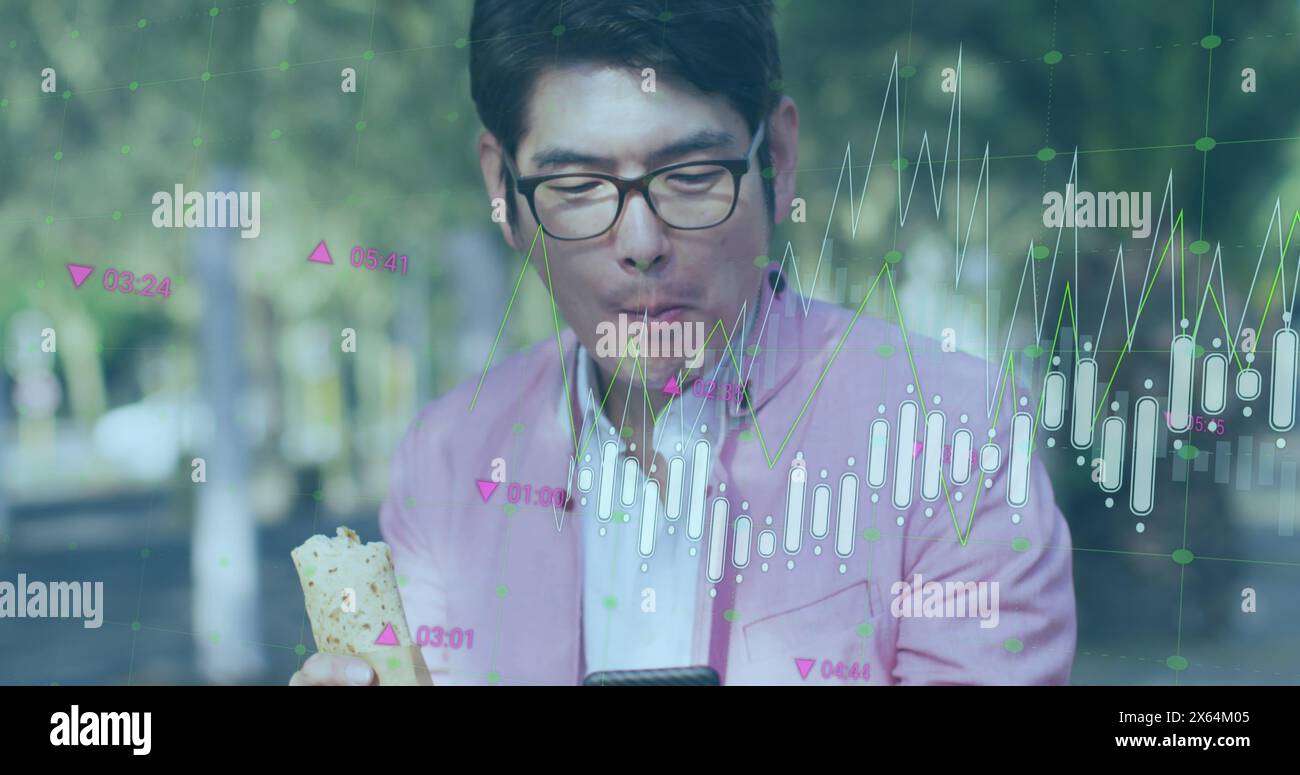 Image of graphs and changing numbers, asian woman scrolling on ...