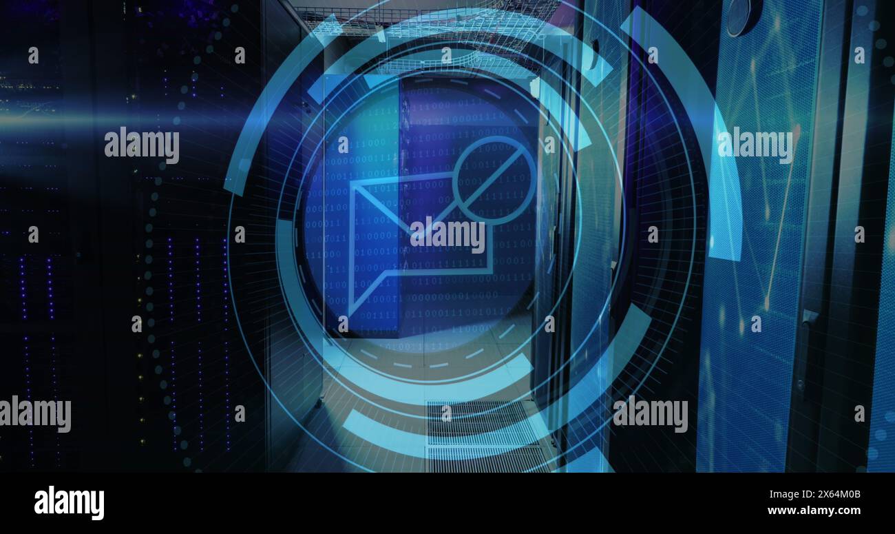 Image of message block icon on round scanner and light trails against computer server room Stock ...