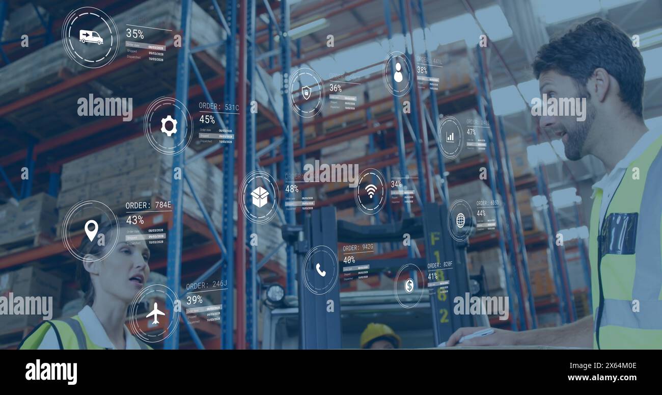 Image of data processing against caucasian male and female workers ...