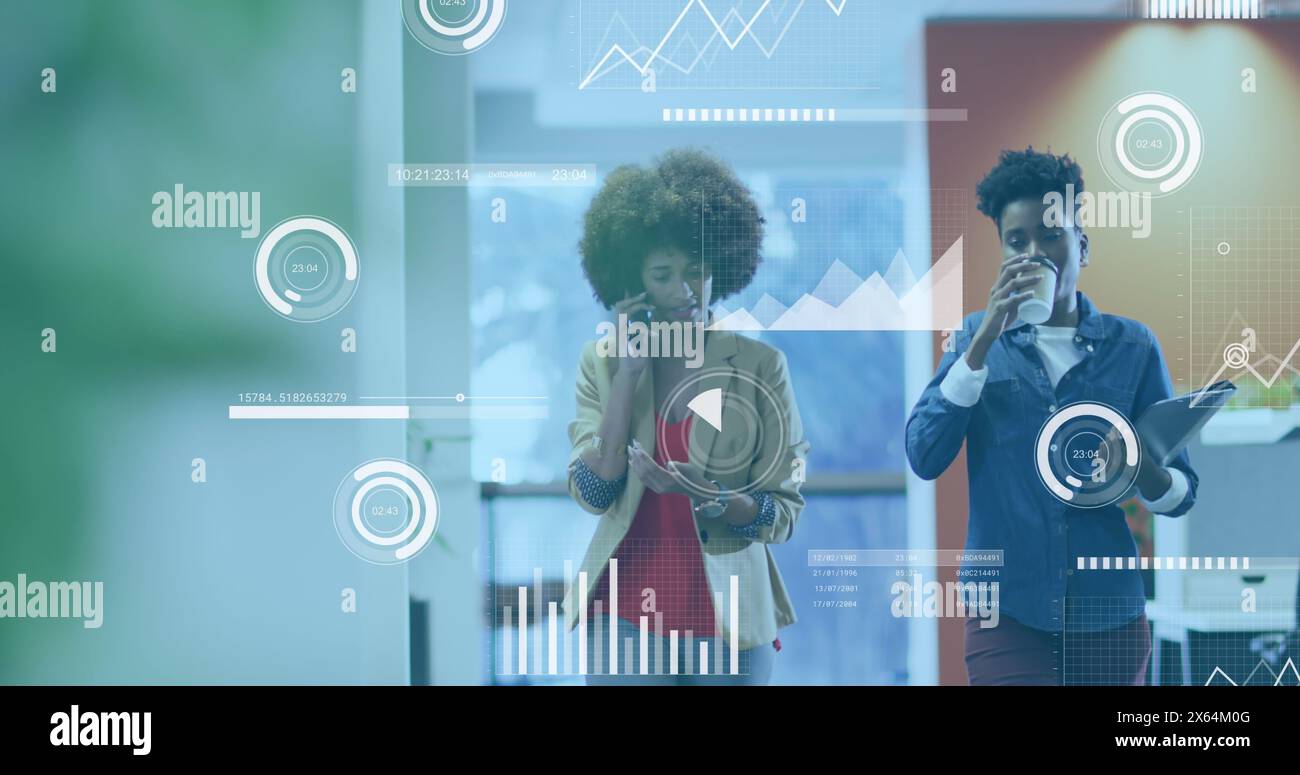 Image of data processing against two african american women discussing ...