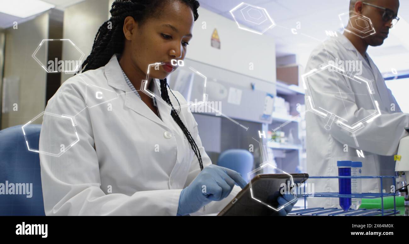 Image of medical data processing on african american female scientist ...
