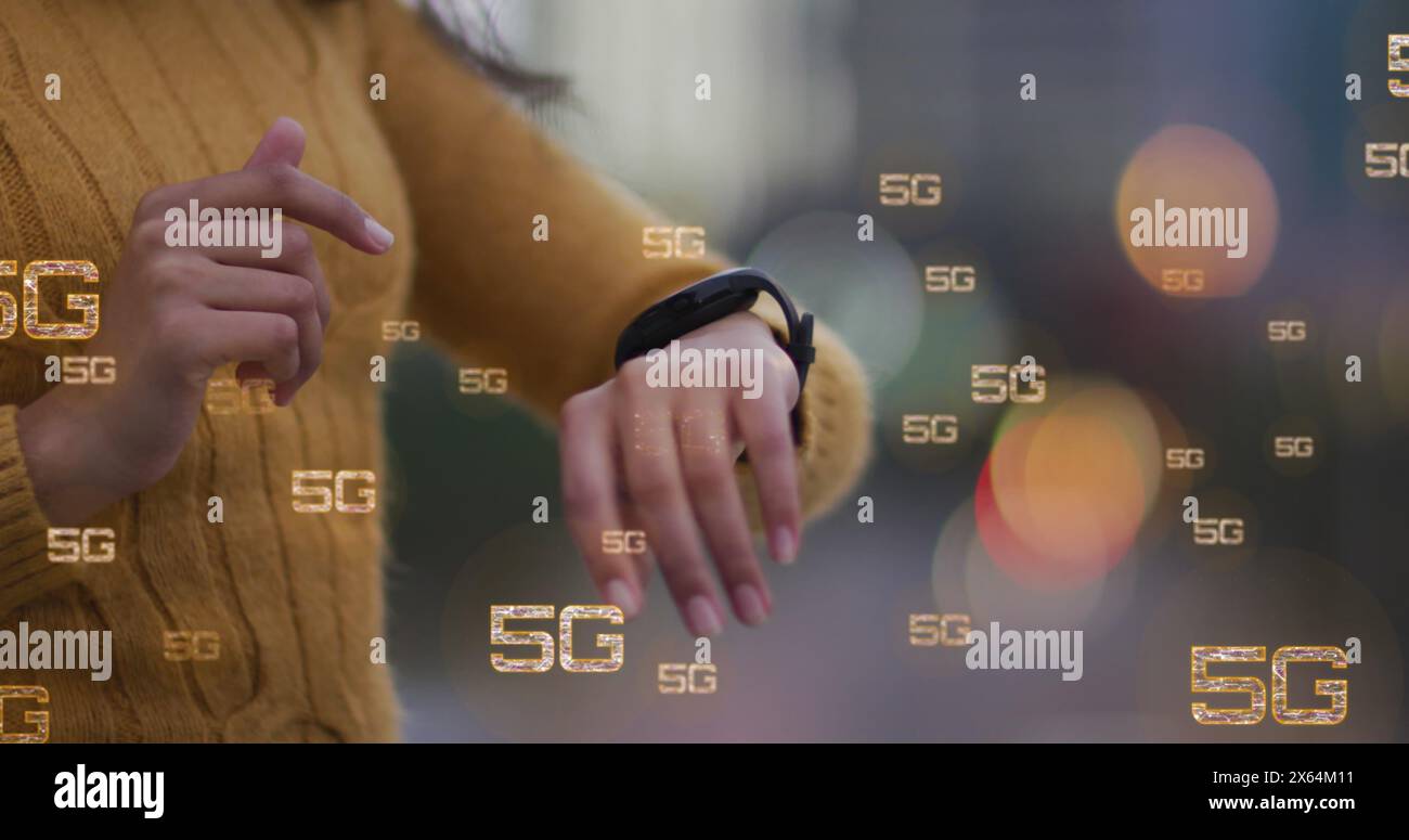 Image of multiple 5g text banners against mid section of a woman using ...