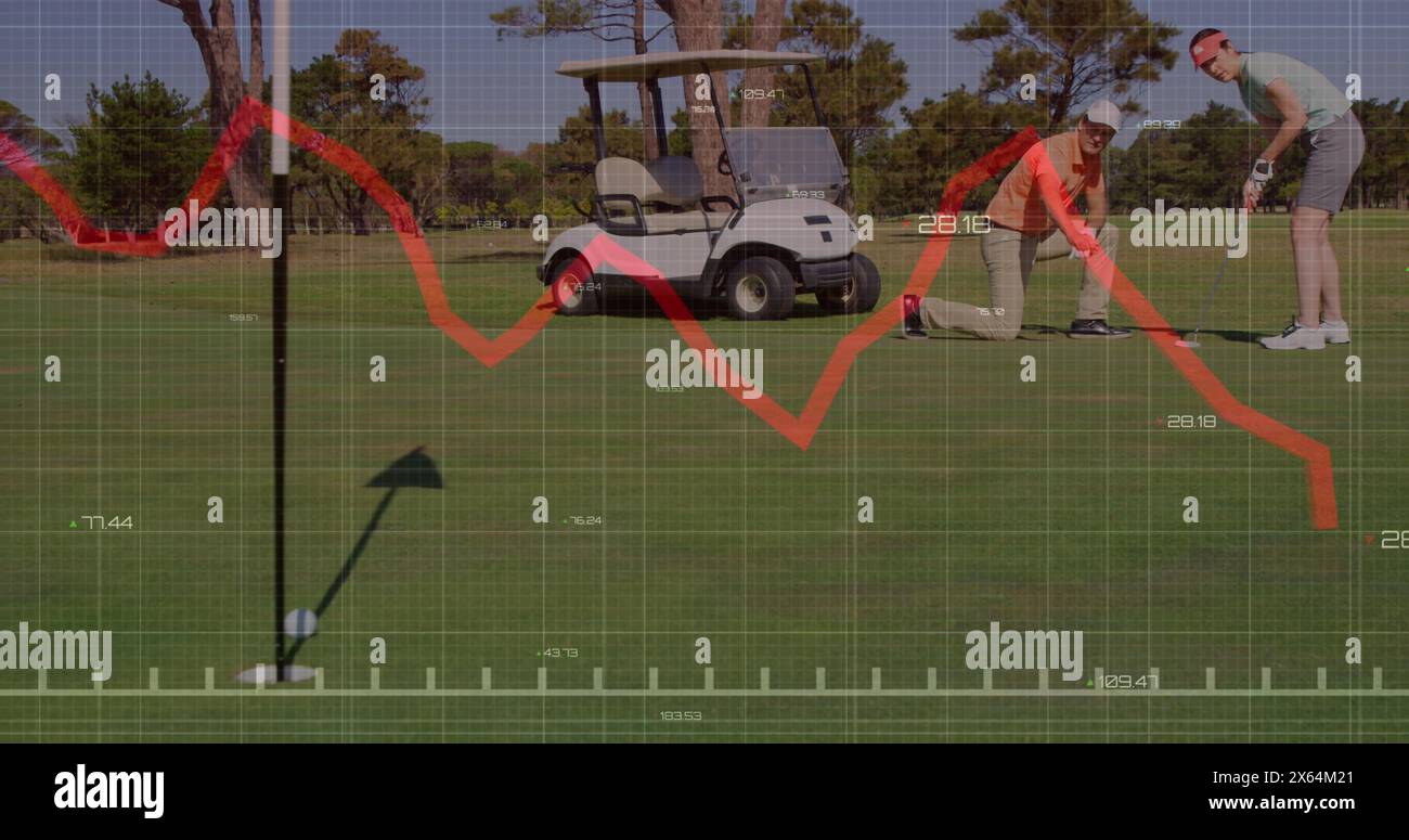 Image of graph with changing numbers, caucasian man teaching female ...