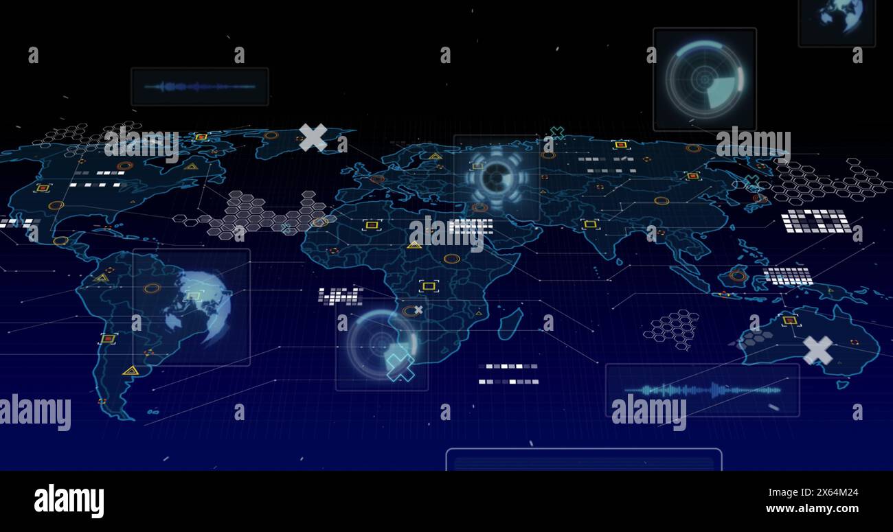 Image of round scanners and data processing over world map against black background Stock Photo ...