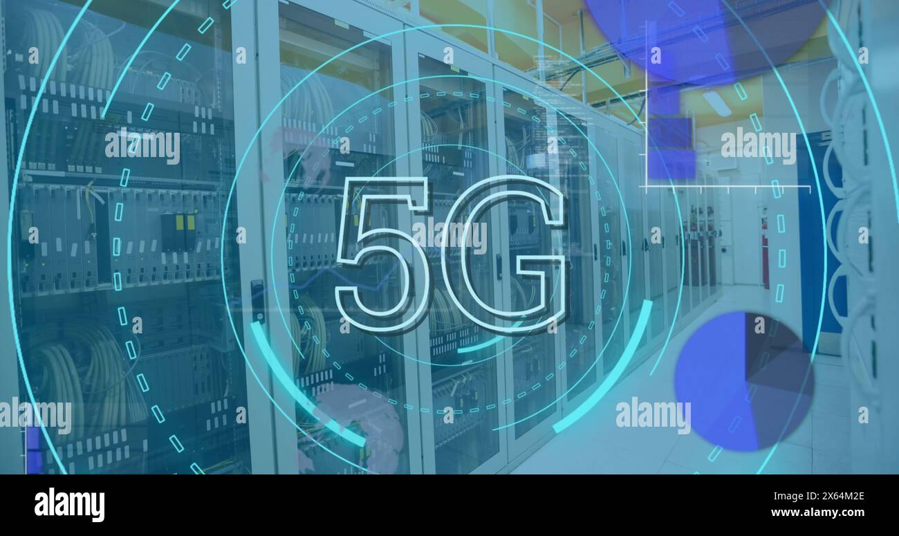 Image of 5g text, round scanners and statistical data processing against computer server room ...